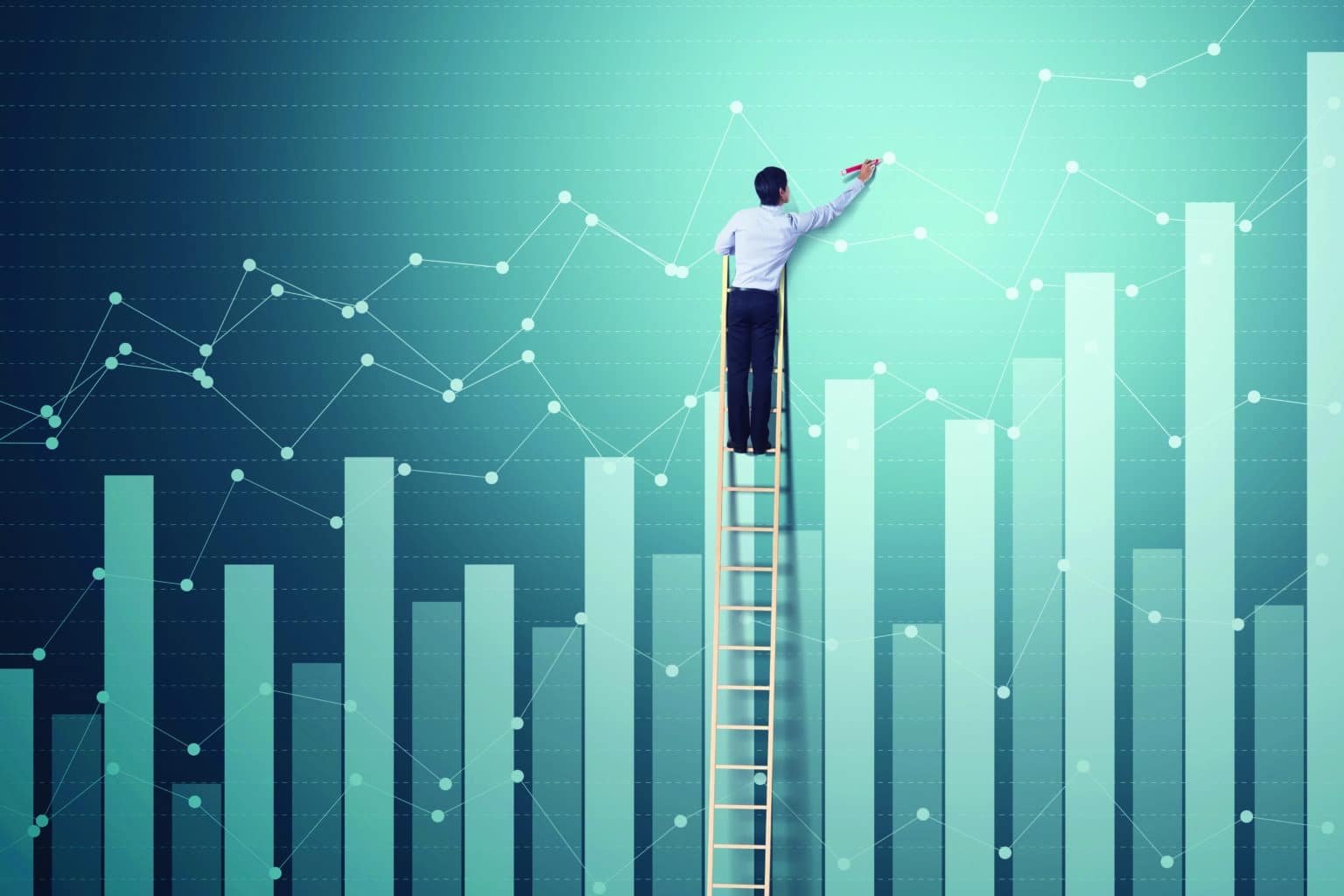 Businessman climb ladder to write dot graph with increasing grap ...